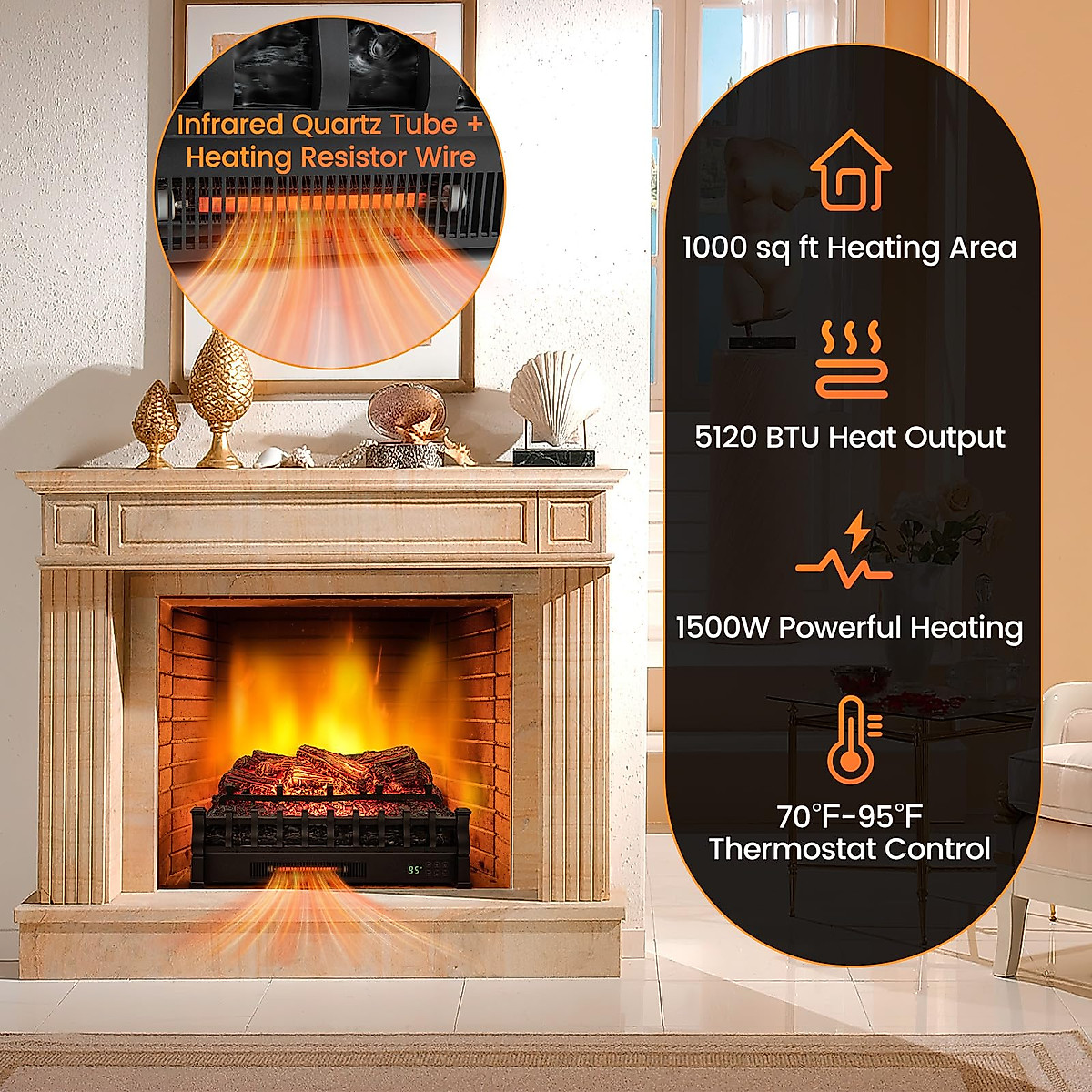 Tangkula 26” Infrared Quartz Electric Fireplace Log Heater with Realistic Pinewood Ember Bed, Electric Fireplace Heater Insert with Overheat Protection, Thermostat, 8H Timer, Remote Control, 1500W