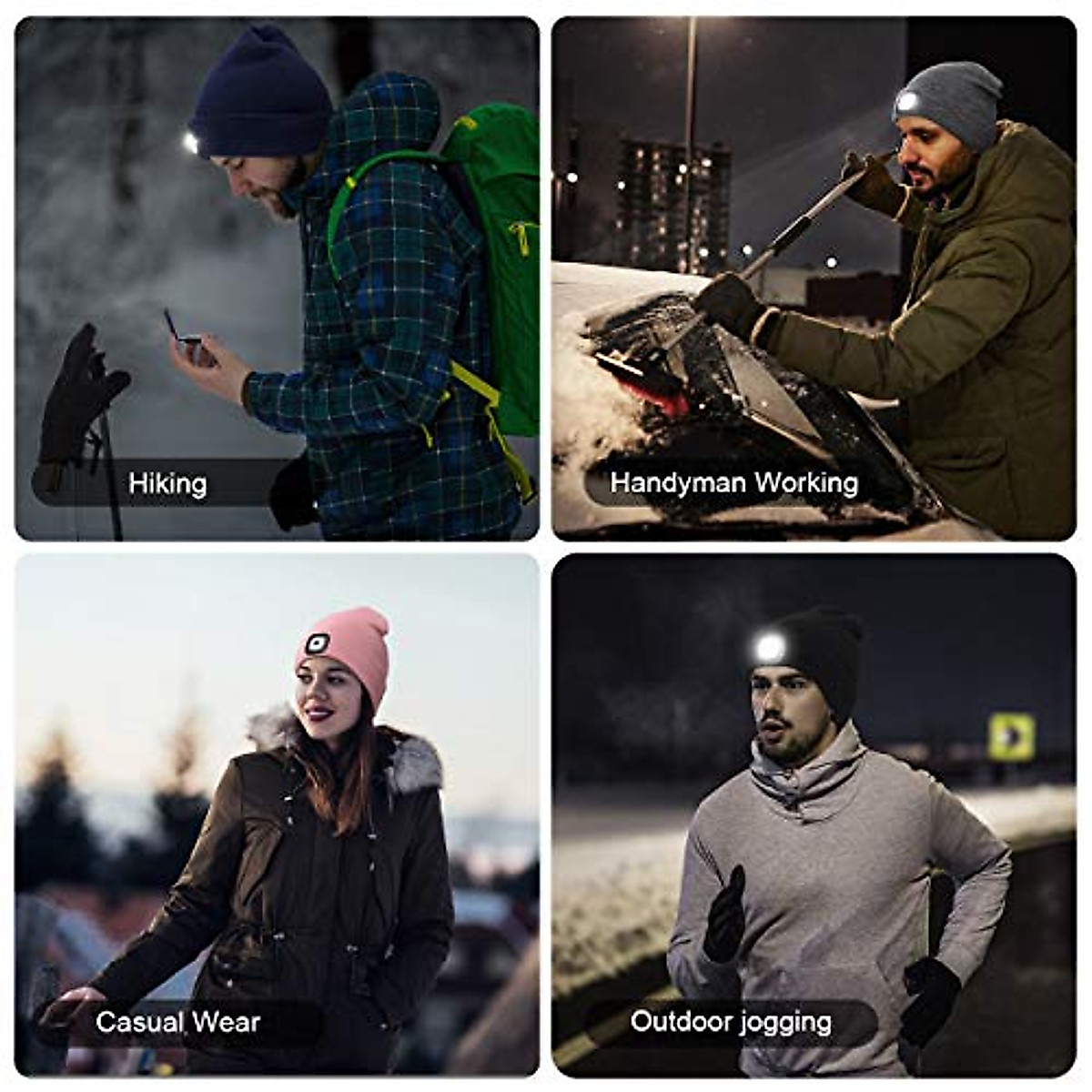 LED Beanie with Light,Unisex USB Rechargeable Hands Free 4 LED Headlamp Cap Winter Knitted Night Lighted Hat Flashlight Women Men Gifts for Dad Him Husband Black