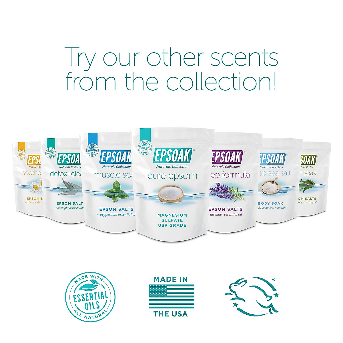 Epsoak Epsom Salt 2 lb. Magnesium Sulfate USP. (Qty. 1 x 2lb. Bags) Resealable Epsom Salt Bulk Bags Unscented, Made in The USA, Cruelty-Free Certified