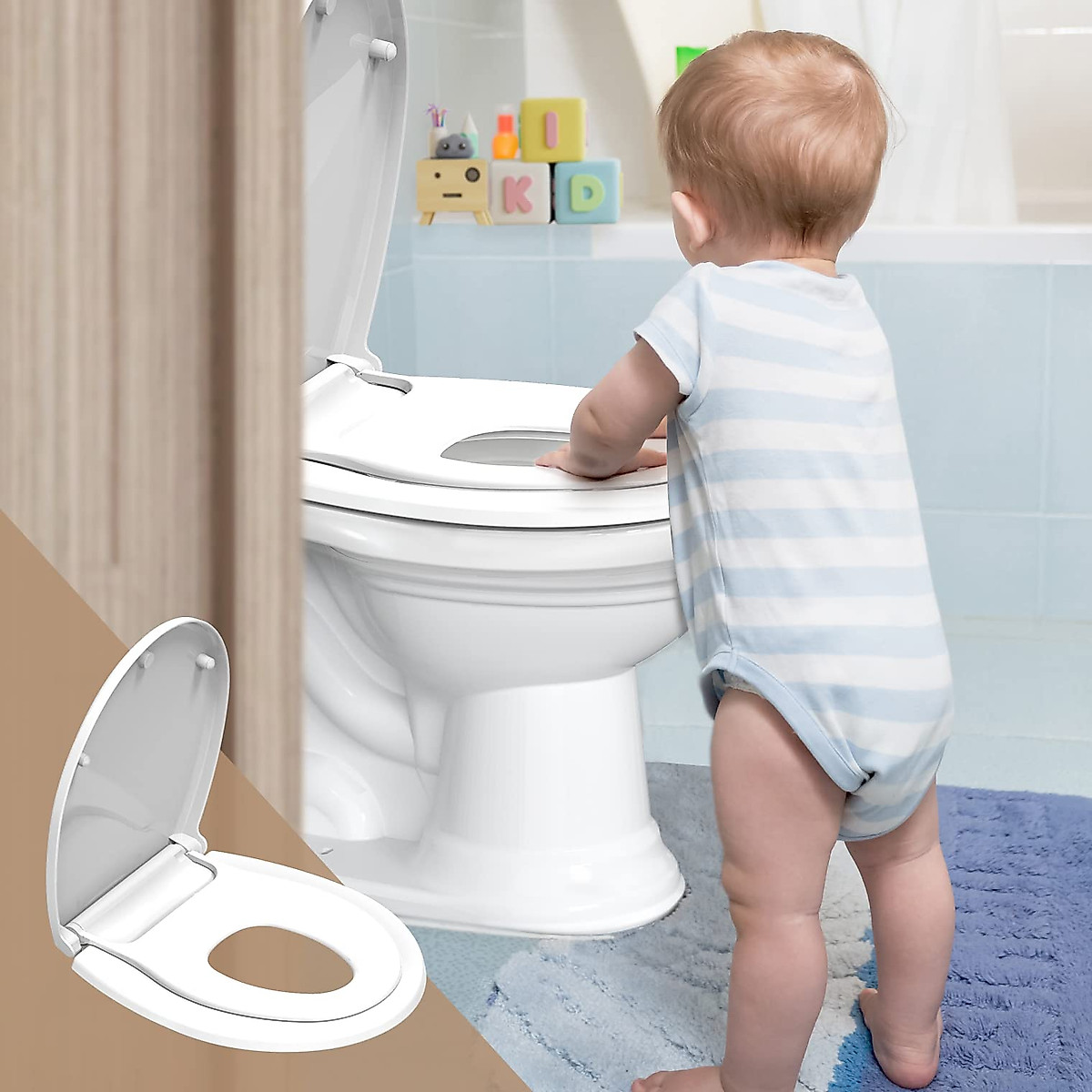 R&T Round Toilet Seat with Built in Potty Training Seat, Slow Close Toddler Seat Fits both Adult and Child, Easy To Install & Clean