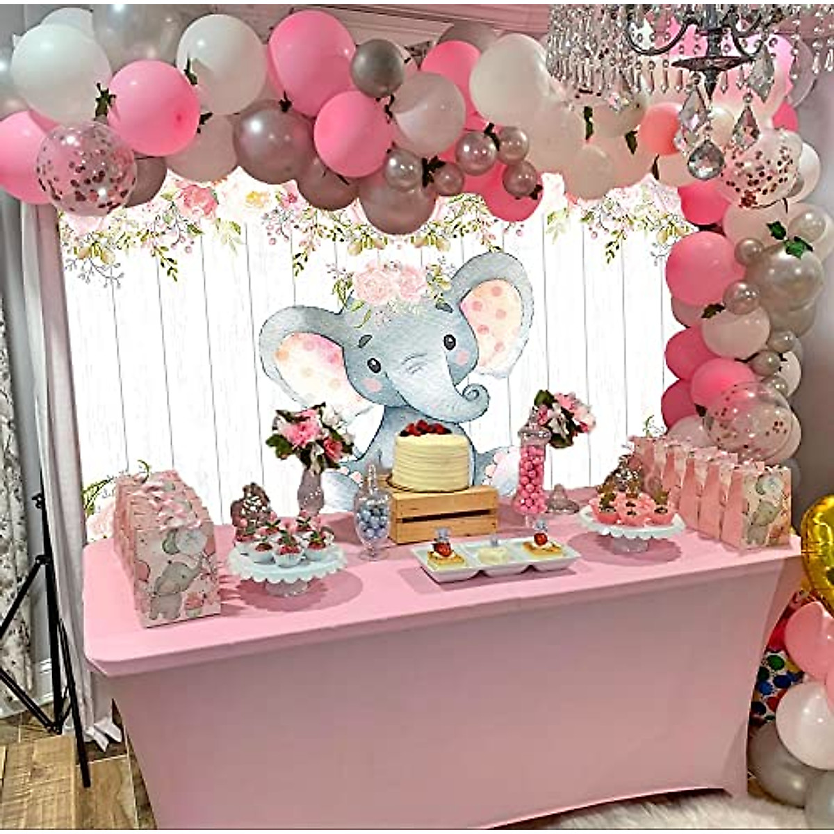 INRUI Elephant Theme Photography Background Pink Floral Elephant Baby Shower Party Decoration Backdrop 7x5FT