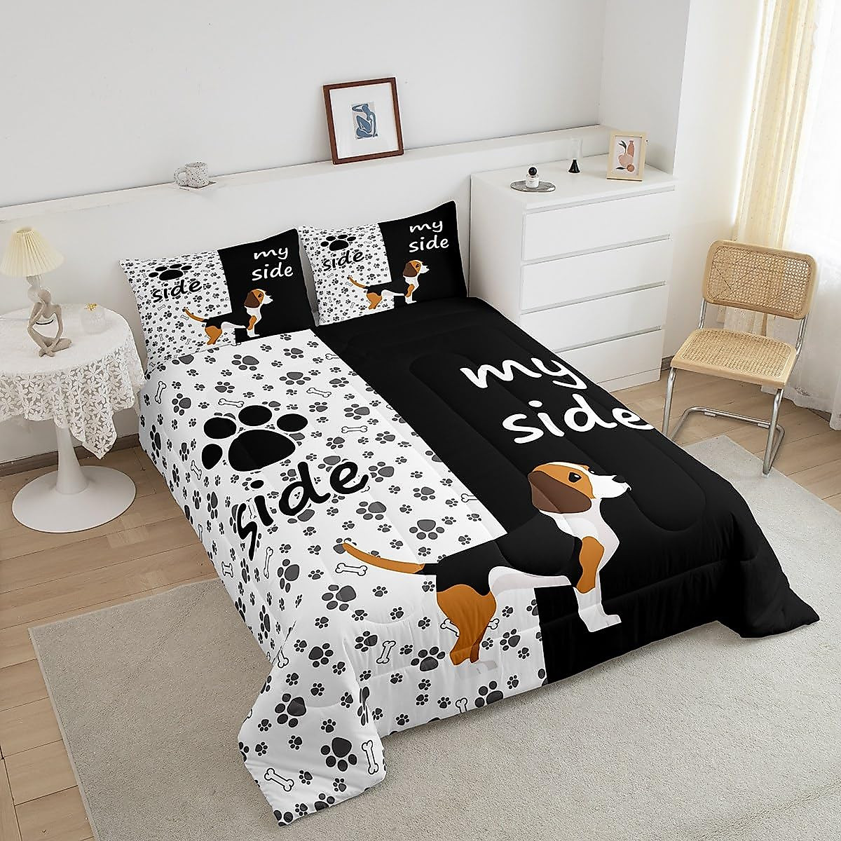 Lovely Dog Paw Comforter Set Full,Cute Puppy Bones Bedding Set Black and White Animal Theme Down Comforter Ultra Warm Dog Side My Side Quilted Duvet for Kids Boys Girls Couple with 2 Pillow Shams