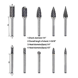 Carbide Burrs Sets 10 Pieces JESTUOUS 1/4 Inch Shank Diameter 5pcs 1/2 Head Diameter 5pcs 1/4 Head Diameter for Die Grinder Bits Grinding Cutting Porting