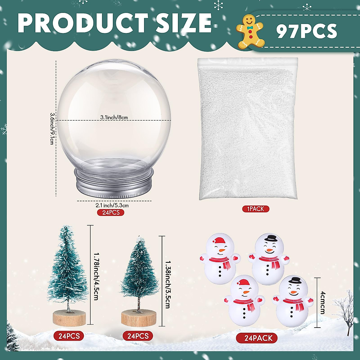 Jerify 24 Sets 3.6 Inch Christmas Clear Plastic Snow Globes Kit Snow Globe Water Globe with Christmas Tree Faux Snow Flakes Snowman Screw Off Cap for DIY Snow Globes Home Decoration Crafts