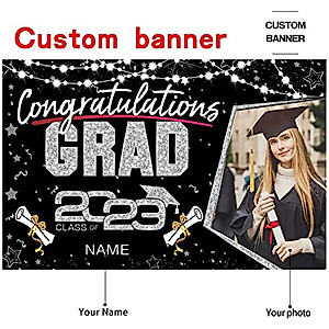 Custom Graduation Party Decorations 2023-Personalization Congratulations Graduation Banner-Class of 2023 Graduation Decorations Supplies(Black and Silver)