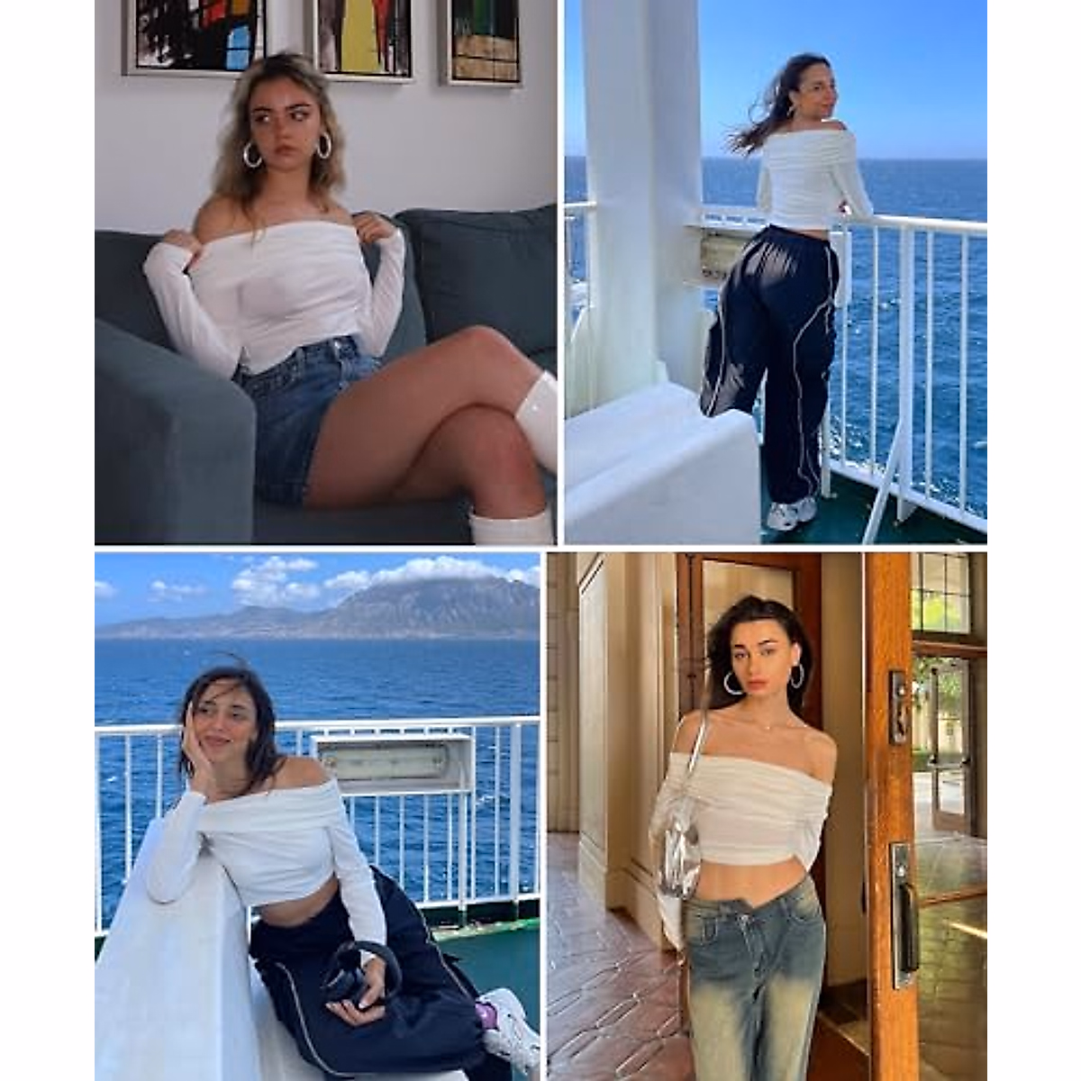 EMMIOL Summer Tops for Women Y2k Sexy Off Shoulder T-Shirt Long Sleeve Bodycon Cropped Tee Tops 2000s Aesthetic Streetwear