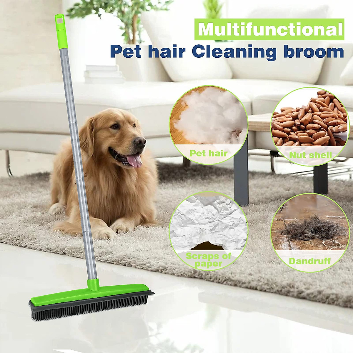 Rubber Broom Pet Hair Remover, Silicone Brooms for Floor Cleaning, Tile, Windows, Carpet Squeegee with Telescoping Handle, Extends from 31 inch to 58 inch, Perfect for Sweep, Scrap