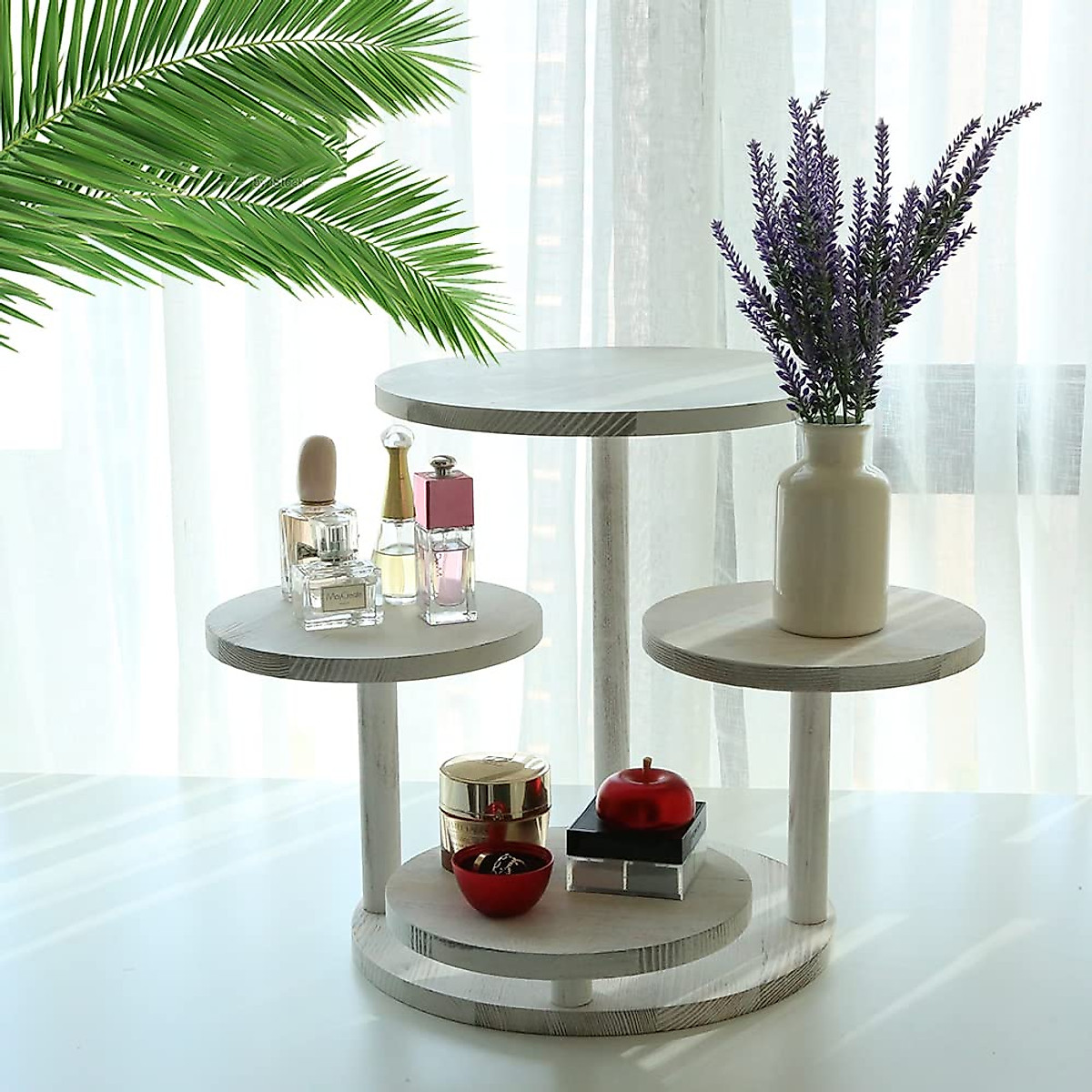 Wood Tiered Serving Trays, Wooden Display Stand Tiered Tray Stand Dessert Tray for Party, Round Serving 4 Tier Cupcake or Cake Tower Stand for Entertaining (Washed White)