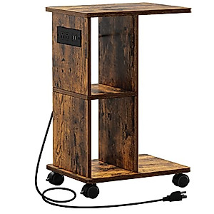 HILINSIE C Shaped End Table with Charging Station - Narrow Side Table with USB Ports and Outlets for Small Spaces, 3-Tier Storage Shelves Nightstand, 11.9 x 15.8 x 21.7 Inches, Rustic Brown
