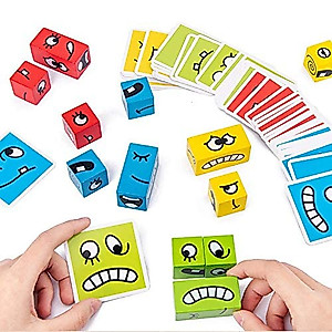 TACY Expressions Matching Wood Blocks Toy Making Emotion Game Challenge Cards for Children's Logical Thinking Intellectual Training Toys Parent-Child Board Game