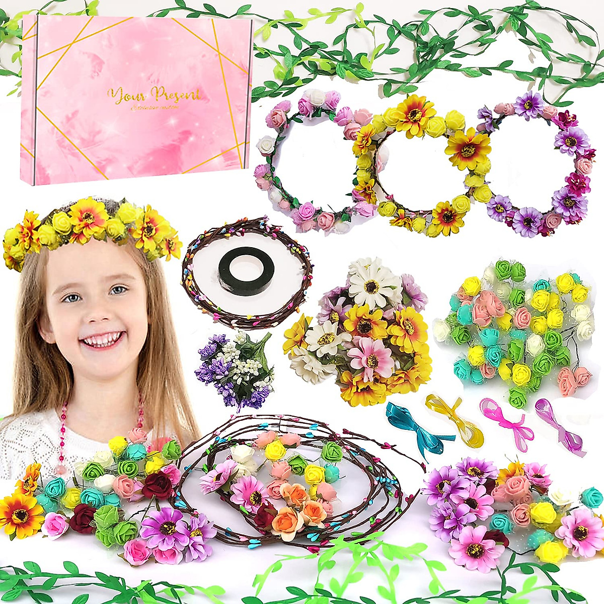 WUBOMJIO Flower Crowns Craft Kit, Make Your Own 12 PCs Flower Crowns Garland Handmade Arts and Crafts for Kids, DIY Fairy Flower Headbands and Bracelets,Hair Accessories Gift for Girls/Teens/Women