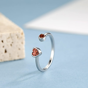 January Garnet Birthstone Heart Ring, 925 Sterling Silver Adjustable Birthstones Stackable Finger Open Rings Wedding Engagement Eternity Bands with Red CZ, Birthday Jewelry Gift for Women