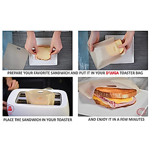 D'Luga Toaster Bags (Pack 10), non sticky reusable toaster bags, perfect to prepare cheese sandwiches, pizza, chicken nuggets, fish, vegetables, croissants. Used in oven, toaster or microwave.
