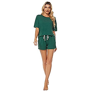 LOCUBE Women's Pajama Sets Soft Comfy Short Sleeve Lounge Outfits Pj Set Shorts with Pockets (Green 2, Medium)