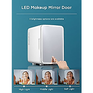 FOHERE Skincare Mini Fridge for Bedroom 10 Liter/11 Can, Portable Mini Fridge for Food, Beverage, Cosmetics, Snacks, Cooler and Warmer Function, AC/DC Small Refrigerator with Mirror, White