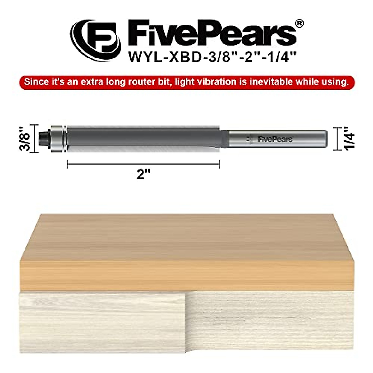 FivePears Flush Trim Router Bits 1/4 Inch Shank, 3/8 Inch Cutting Diameter, 2 Inch Cutting Length, Bottom Bearing Flush Straight Cut Trim Router Bit for Woodworking.