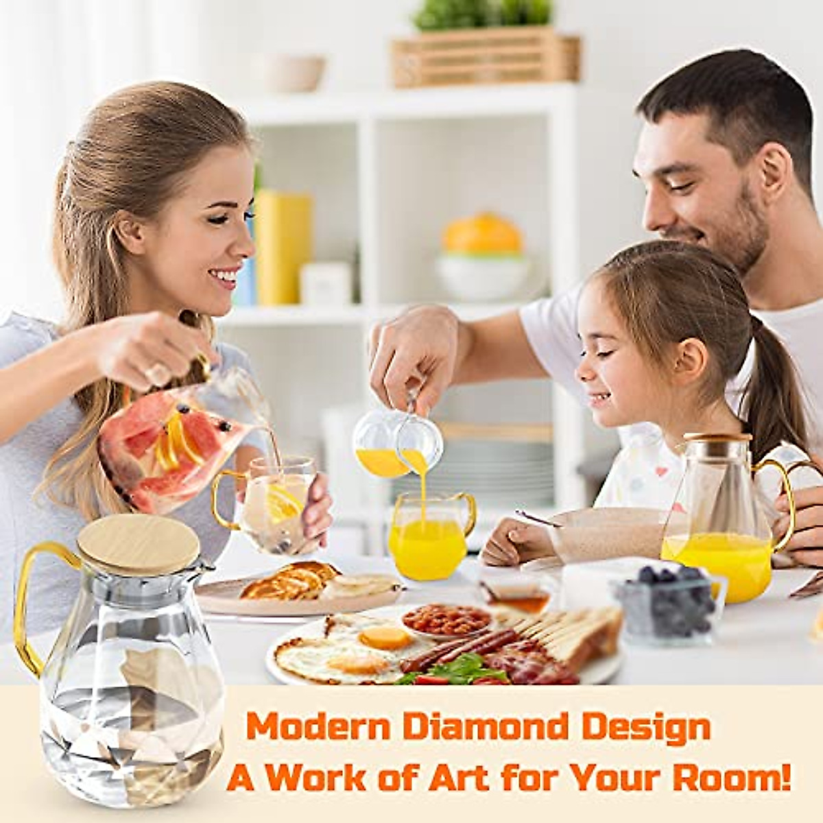 DUJUST Glass Pitcher with Lid [68 oz], Elegant Diamond Design Water Pitcher with Handle, Decoration for Room, High Durability Water Glass Carafe for Ice Tea Maker, Beverage, Hot/Cold Coffee