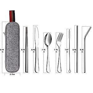 DEVICO Portable Utensils, Travel Camping Cutlery Set, 8-Piece including Knife Fork Spoon Chopsticks Cleaning Brush Straws Portable Case, Stainless Steel Flatware set (Silver)