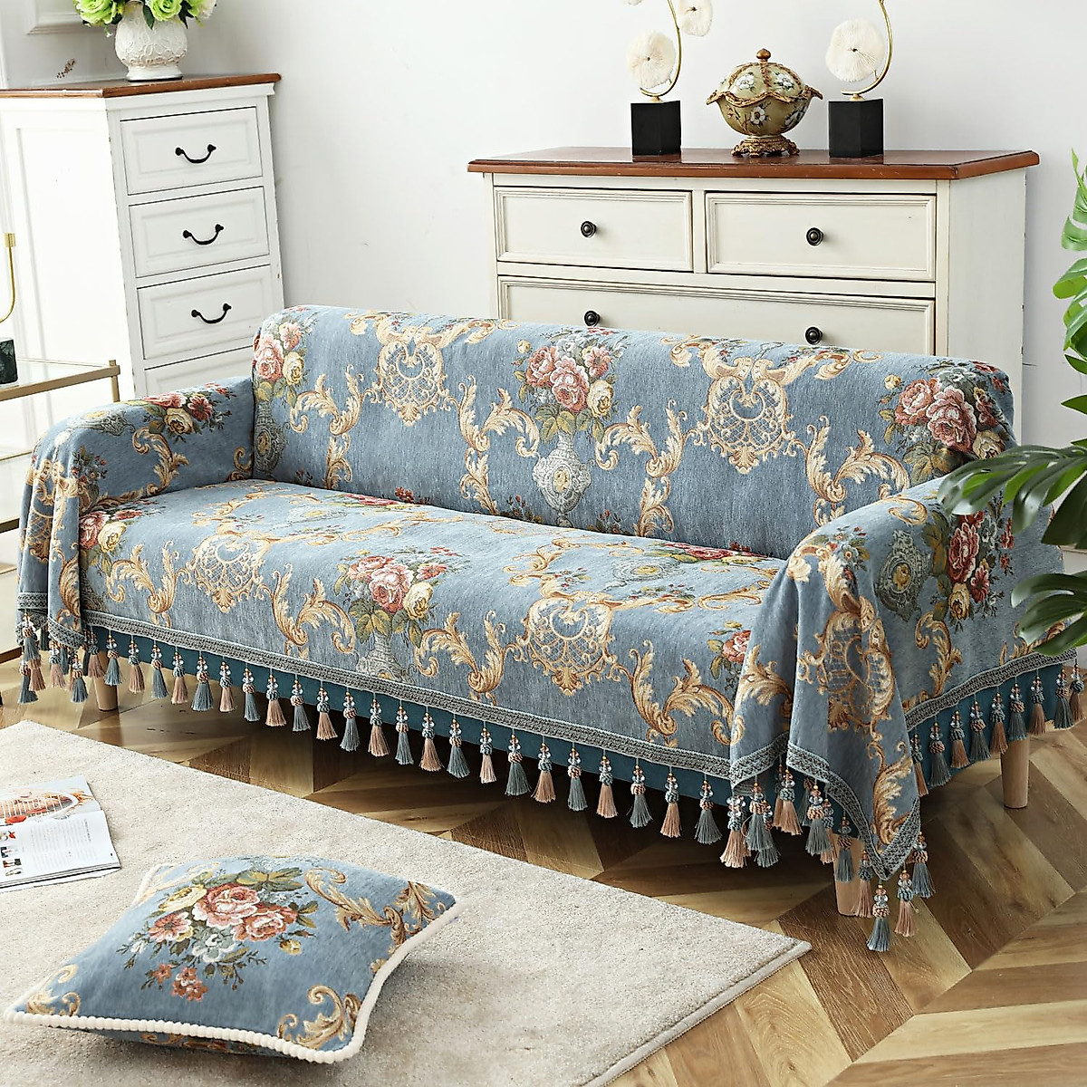 AiWinsure Couch Cover Blanket with Tassels Sofa Covers Loveseat Armchair Sectional Furniture Slipcover for Dogs Cats 3 Cushion Chenille Jacquard Flower One Piece (Blue,4 Seater-190 * 350cm)