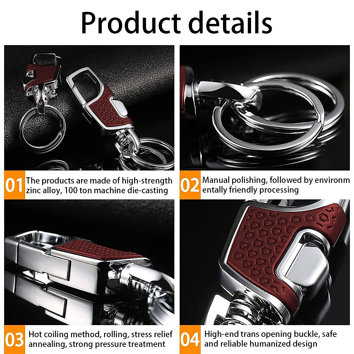 Car Key Chain, Heavy Duty Stainless Steel Keys Holder with D Ring, One Click Release Keychain Organizer for Men Women (Brown/Red)