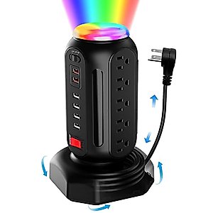 Power Strip Tower 15 Outlets 6 USB Ports, Surge Protector with Colorful led Light & USB Fast Charger,Desktop Charging Station with 6.5ft Heavy Duty Extension Cord for Home Office(Black)