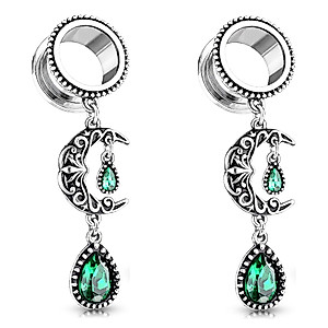 Pierced Owl Vintage Filigree Moon Dangling Vibrant Green Stone Set Flesh Tunnel Plugs, Sold as Pair (10mm (00GA))