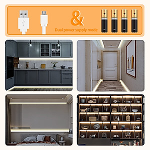 Motion Sensor LED Light Strip with Dual Power Supply and Auto Shut-Off Timer, Night Light, 9.84ft Motion Activated Waterproof LED Strip Light for Kitchen, Cabinet, Bedroom, Shelf, Bed Warm White 2700K