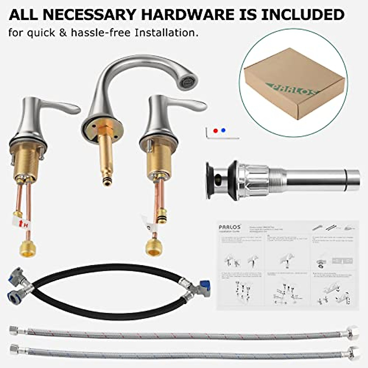 PARLOS Widespread 2 Handles Bathroom Faucet with Metal Pop Up Sink Drain and cUPC Faucet Supply Lines, Brushed Nickel, Demeter 13647