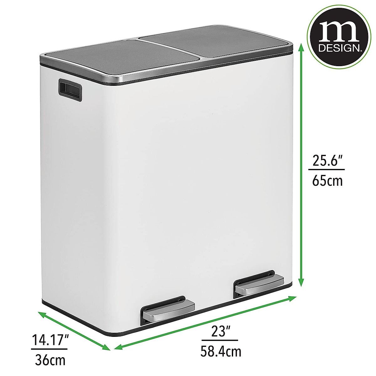 mDesign Metal Steel 16 Gallon/60-Liter, Large Dual Compartment Step Trash Can; Double Bin Trash Can/Recycler Combo for Kitchen; Holds Garbage, Recycling; Features Two Removable Liner Buckets - White