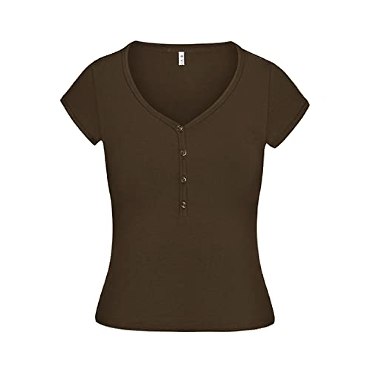 REORIA Women’s Summer Sexy Casual Henley V Neck Button Down Short Sleeve Going Out Y2K Ribbed Tshirts Crop Tops Coffee Large