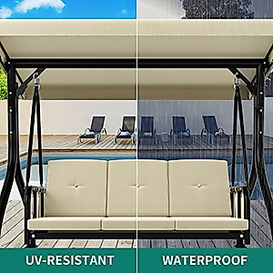 YITAHOME Porch Swing Bed 3-Seats Outdoor Patio Swing Heavy Duty Swing Chair with Adjustable Canopy Removable Cushion, Suitable for Adult in Garden, Poolside, Balcony, Beige