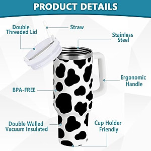 MCHIVER Cow Pattern 40 oz Tumbler with Handle and Straw Stainless Steel Vacuum Water Bottle Leak-proof Travel Coffee Mug Insulated Cup for Home Office Car