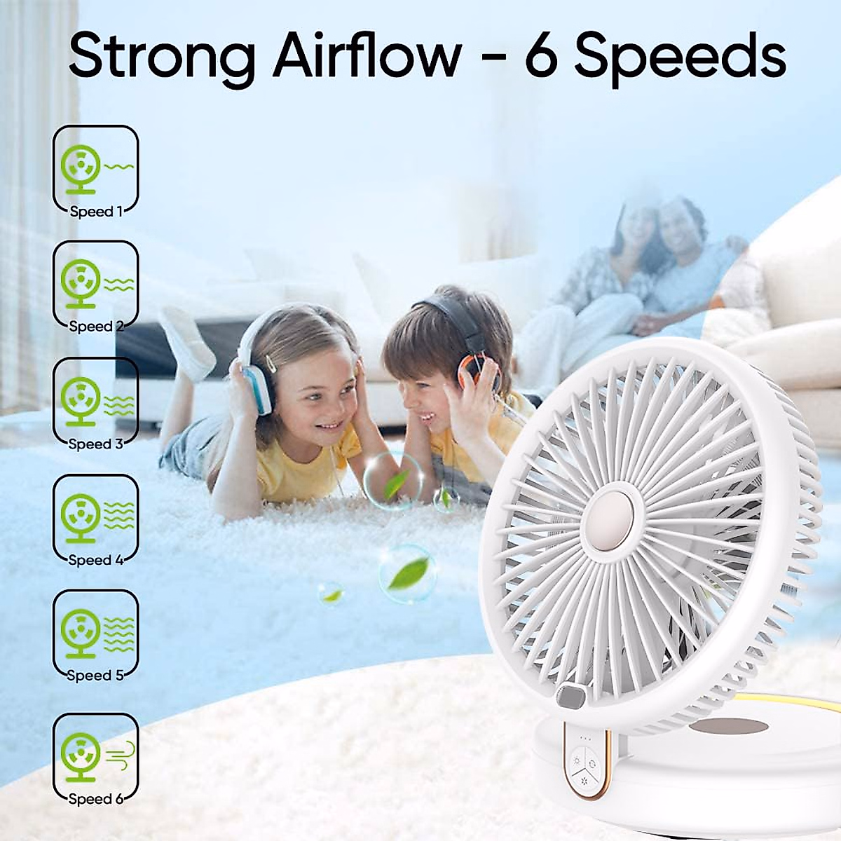 Jassco Air Circulator Fan, Table Fan, Portable Oscillating Desktop Fan, Wall-Mounted Fan, 6 Speeds, Personal Cooling Fan with LED Night Light for Home, Dorm, Workout,White