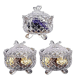 Crystal Candy Dish Small Glass Jar Set with lid Sugar Bowl Cookie Jar Jewelry Dish Container for Home Kitchen Office Bathroom 3 Pcs