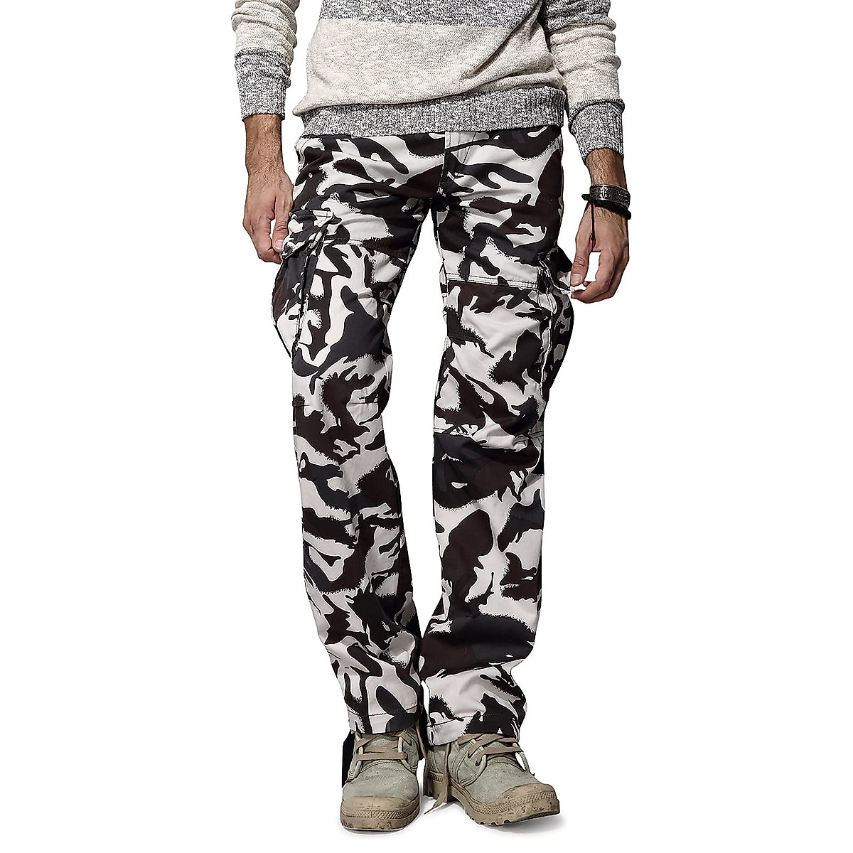 Mesinsefra Men's Cotton Casual Military Army Cargo Camo Combat Work Pants with 8 Pocket Camo White 38