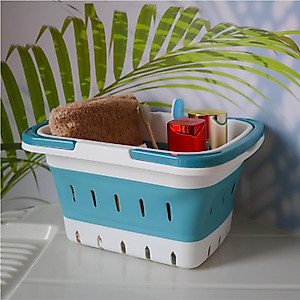 MINDFARGE Portable Folding Plastic Bath Caddy with Handle, Perforated, Travel Bathroom Organizer for Bedroom, Bathroom, Shower, Dorm Room, Camping and RV Use (Grey, 1 pack)