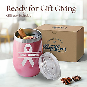 Personalized Custom Breast Cancer Ribbon Your Name Engraved Insulated Stainless Steel Wine Tumbler with Lid 12 oz. Gift for Her (Sparkly Pink)