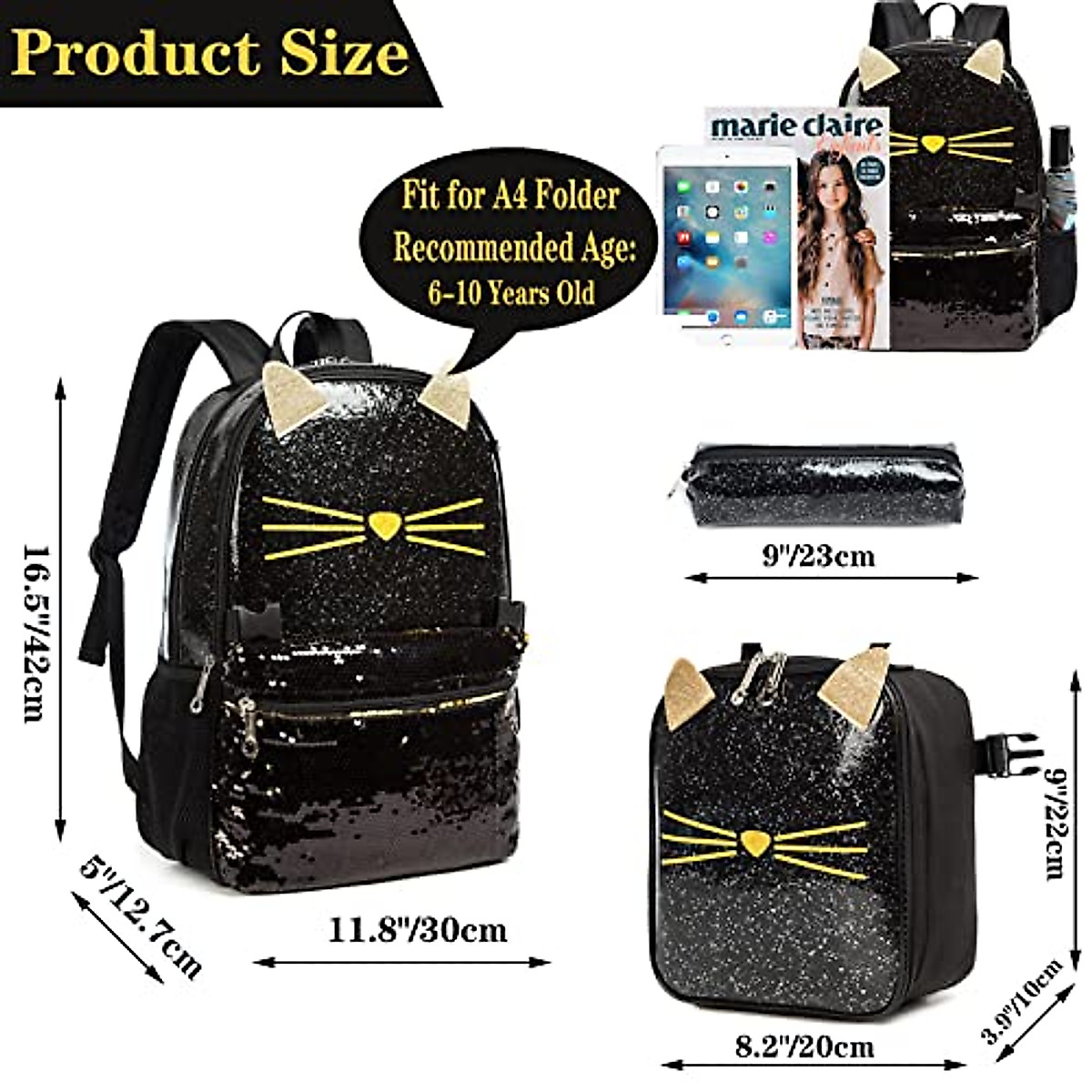 Meetbelify Backpack for Girls Backpacks Kids Sequin Bookbag for Elementary Preschool Student Laptop Bag with Lunch Box 16inch Cat