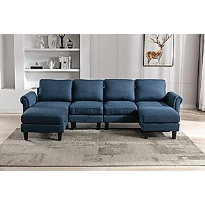 HAUSHECK Modern 4 Seater Sofas, U Shaped Modular Set with Ottomans, Sectional Couches for Living Room, Apartment, 108.66" L x 60.63" W x 32.68" H, Navy