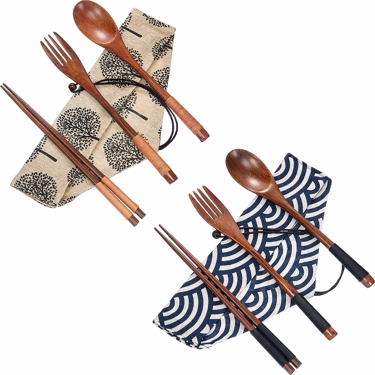 2 Sets Wooden Flatware Wooden Fork and Spoon Chopsticks Reusable Tableware Cutlery Set Travel Utensils Tied Line Flatware, Eating Utensils with Pouch for Office Camping Traveling