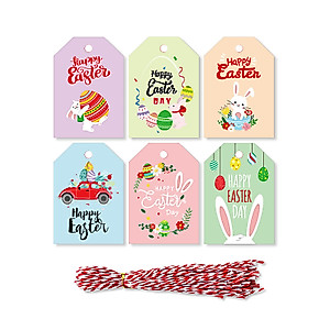 48pcs Happy Easter Hanging Tags Catoon Easter Bunny Pattern Paper Gift Tags with Cotton Strings for Easter Spring Holiday Party Decoration