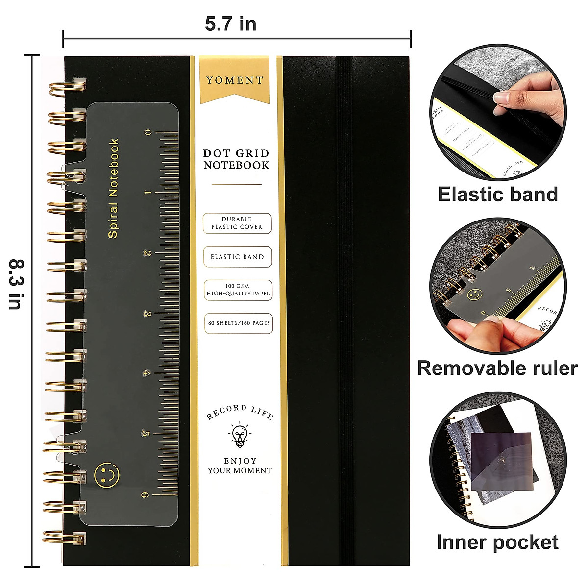 Dot Grid Spiral Notebook A5 Spiral Bullet Dotted Journal 160 Pages Thick Dot Paper Notebooks Plastic Hardcover Spiral Notebook 5x7 Wire Bound Notebooks for Note Taking School Office Supplies,Black