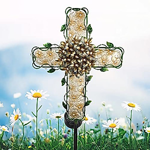 JOYBee 38Inch Cross Solar Garden Lights Outdoor Decorative-Solar Metal&Glass Cross Apricot Hydrangea Flower Stake Lights- Waterproof 20 Warm White LEDs for Remembrance Gifts & Sympathy Gifts.