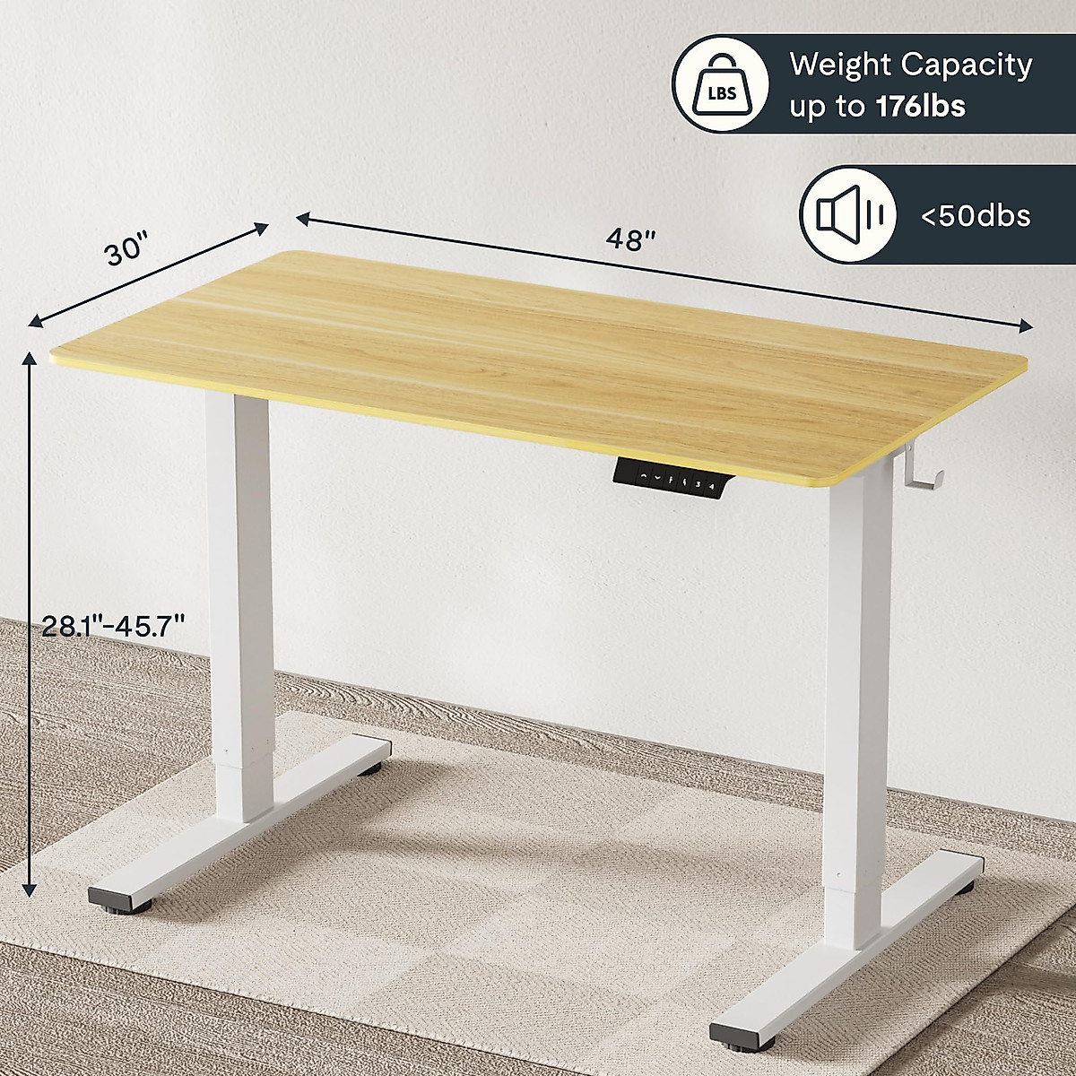 FLEXISPOT EN1 Height Adjustable Electric Standing Desk 48 x 30 Inches Whole-Piece Desk Stand Up Home Office Desk (White Frame + 48" Maple Top, 2 Packages)