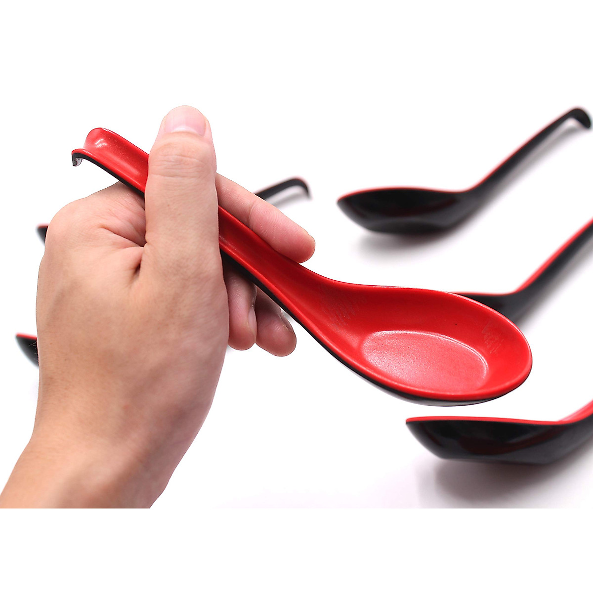 Large Japanese Soup Spoons Red and Black with Long Handle, Set of 8