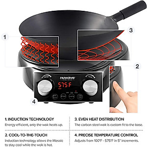 Nuwave Induction Wok, 3 Wattages 600, 900 & 1500, Precise Temp Controls from 100°F to 575°F in 5°F, Infuse Complex Charred Aroma & Flavor, Authentic 14-inch Carbon Steel Wok Included, Wok Hei