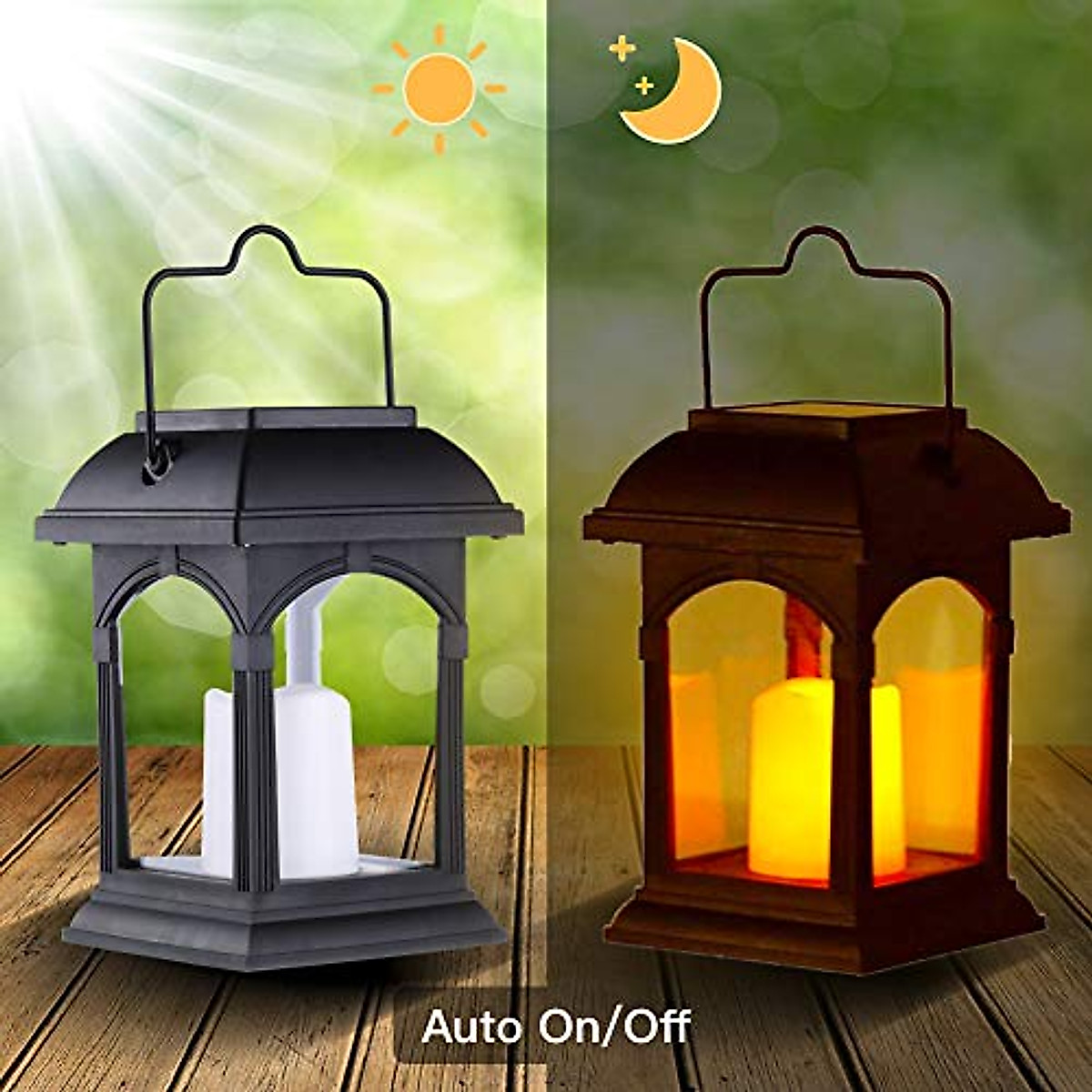 Clihere Solar Lantern Lights,Waterproof Hanging Solar Lanterns Flickering Retro Candle Effect Hanging Lights Solar Outdoor Decoration Lighting Solar Powered Auto On/Off for Garden,Yard, Patio (2 Pack)