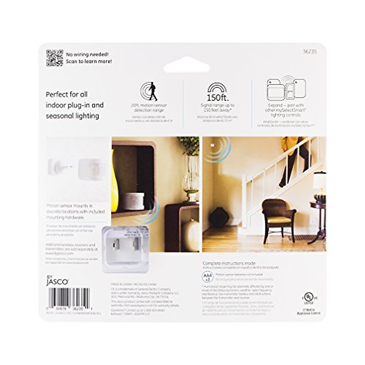 mySelectSmart GE Wireless Control, 1 Outlet, 150 ft. Range from Plug-in Receiver, Ideal for Lamps and Indoor Lighting, No Wiring Needed, Activated, Mountable, 36235, Motion Sensor-1 Pack