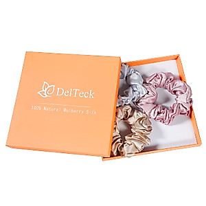 DelTeck Luxurious Silk Scrunchies, 100% Real 25 Momme Silk Hair Scrunchies, No Crease & Protect Hair Premium Scrunchies, Silk Hair Ties, Sleep and Night Scrunchie (Top Grade Mulberry Silk)