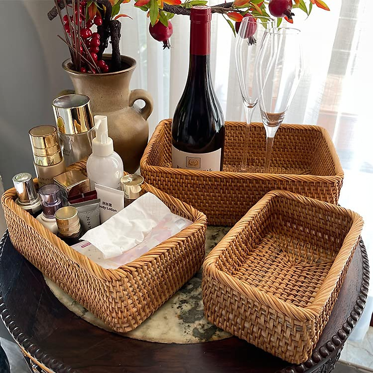 YANGQIHOME Natural Rattan Storage Baskets, Rectangular Woven Fruit Baskets, Wicker Decoration and Organizer for Bathroom, Living Room (Set of 3)